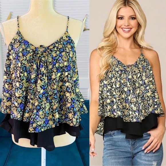 Gigio | Tops | Gigio Rae Layered Floral Print Cami Tank Top Black Gold ...
